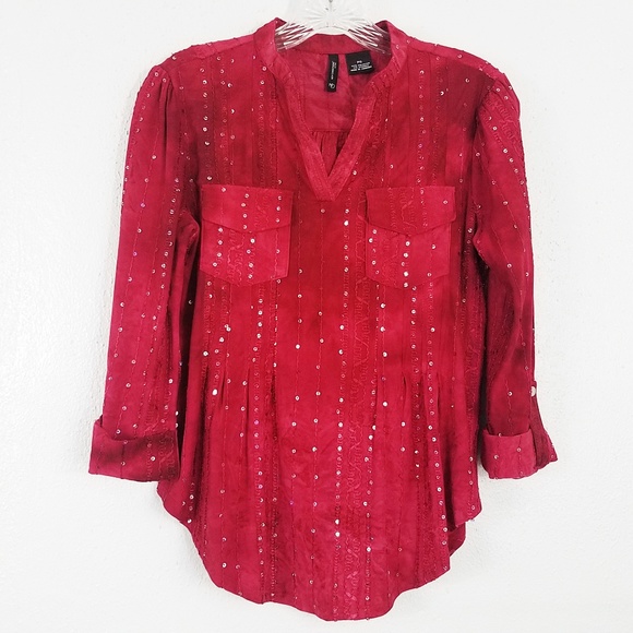 new directions | Tops | New Direction Red Sequined Henley Style Blouse ...